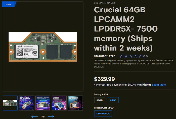 Модуль оперативной памяти Crucial LPCAMM2 на 64 Гбайта оценен в $330 ...